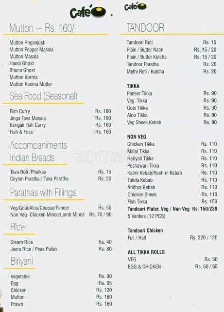 Menu at Cafe O, Bengaluru
