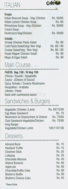 Menu at Cafe O, Bengaluru