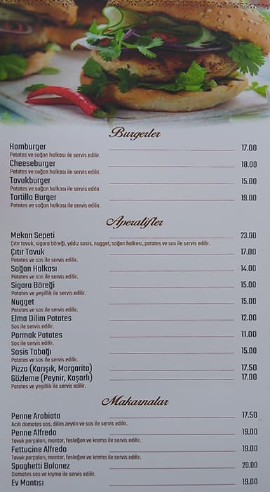 Menu at Mekan Cafe & Nargile, Istanbul