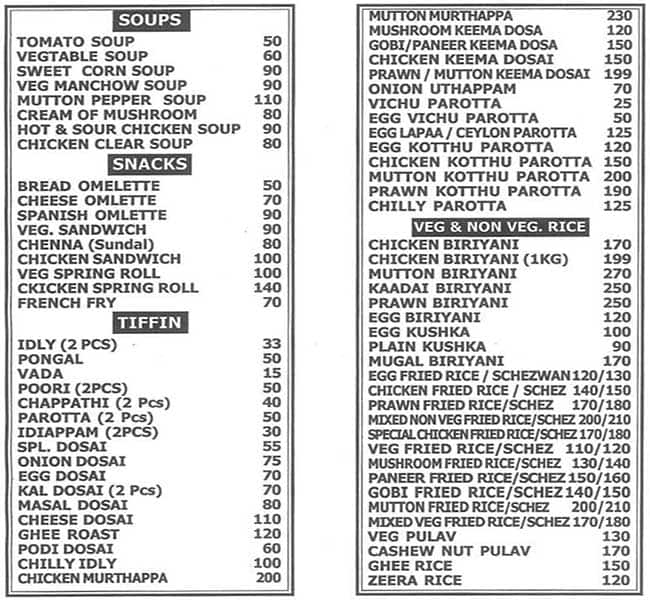 Menu of Quality - Inn, Injambakkam, Chennai