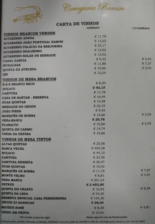 Menu at Cervejaria Ramiro restaurant, Lisbon, Av. Alm. Reis nº1 - H