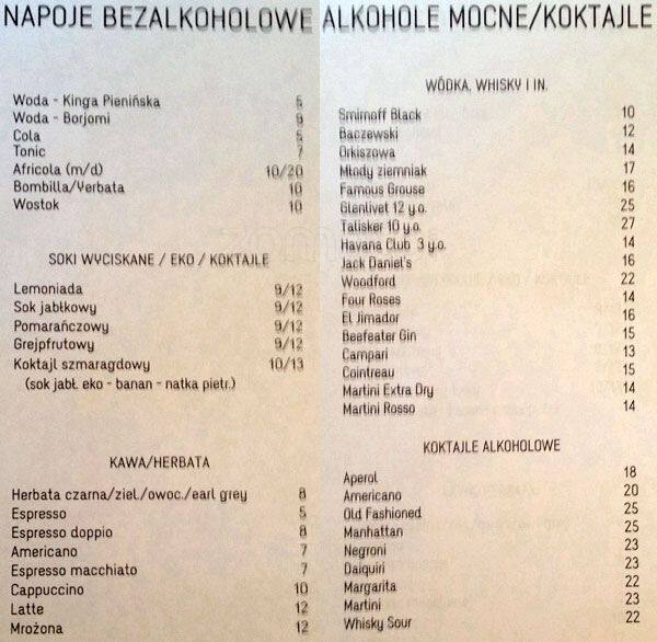 Menu at Music Bar, Warsaw