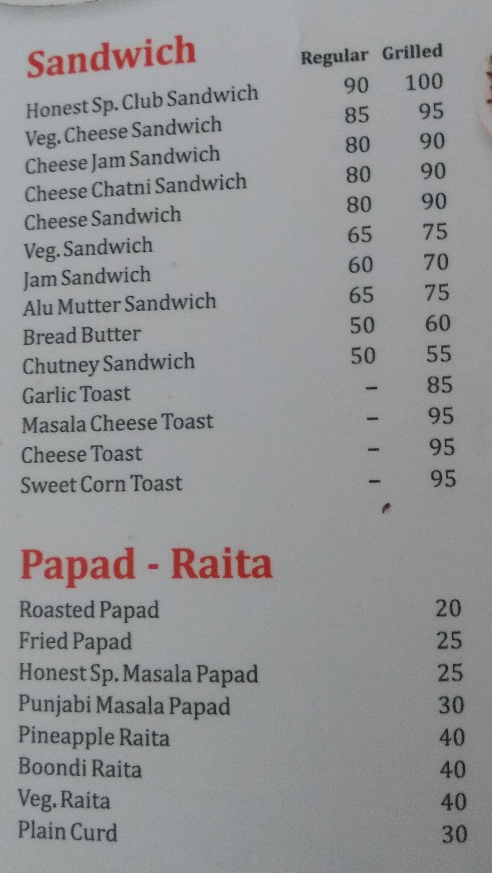 Honest Menu, Menu for Honest, Prahlad Nagar, Ahmedabad - Zomato