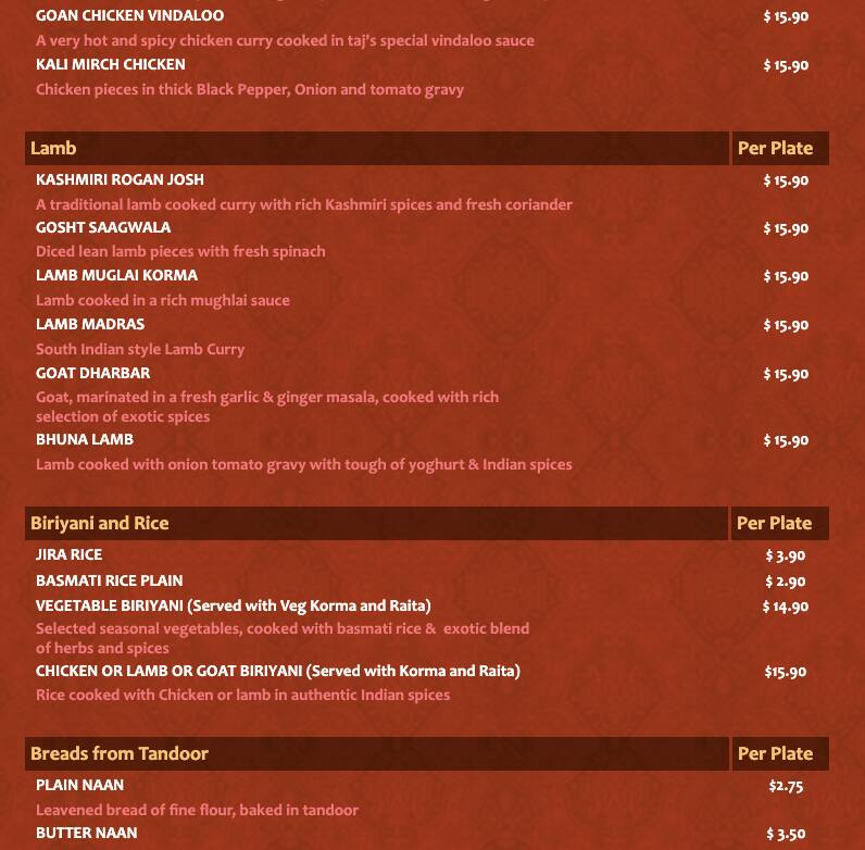 Menu at Taj Indian Masala Restaurant, Homebush