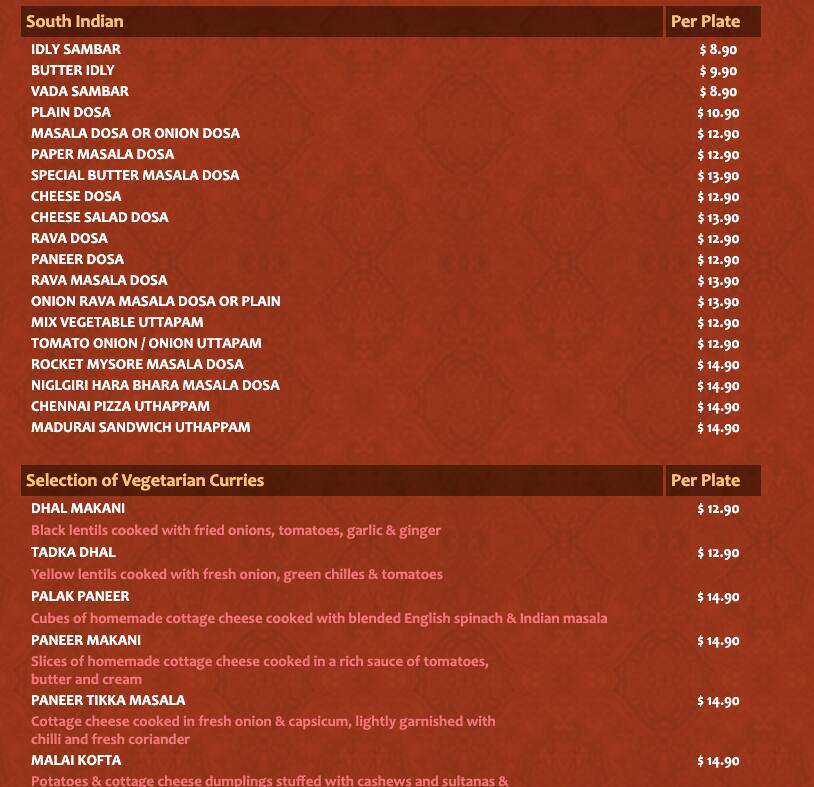 Menu at Taj Indian Masala Restaurant, Homebush