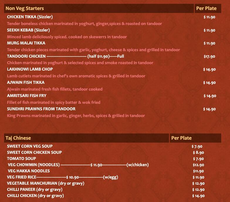 Menu at Taj Indian Masala Restaurant, Homebush