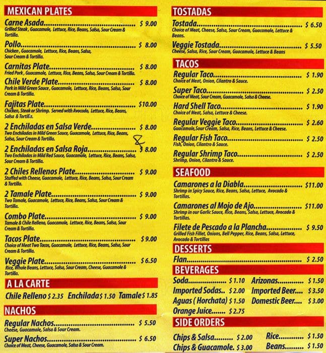 Menu at Guerrero's Taqueria restaurant, Pacifica