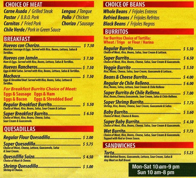 Carta del restaurante Guerrero's Taqueria, Pacifica