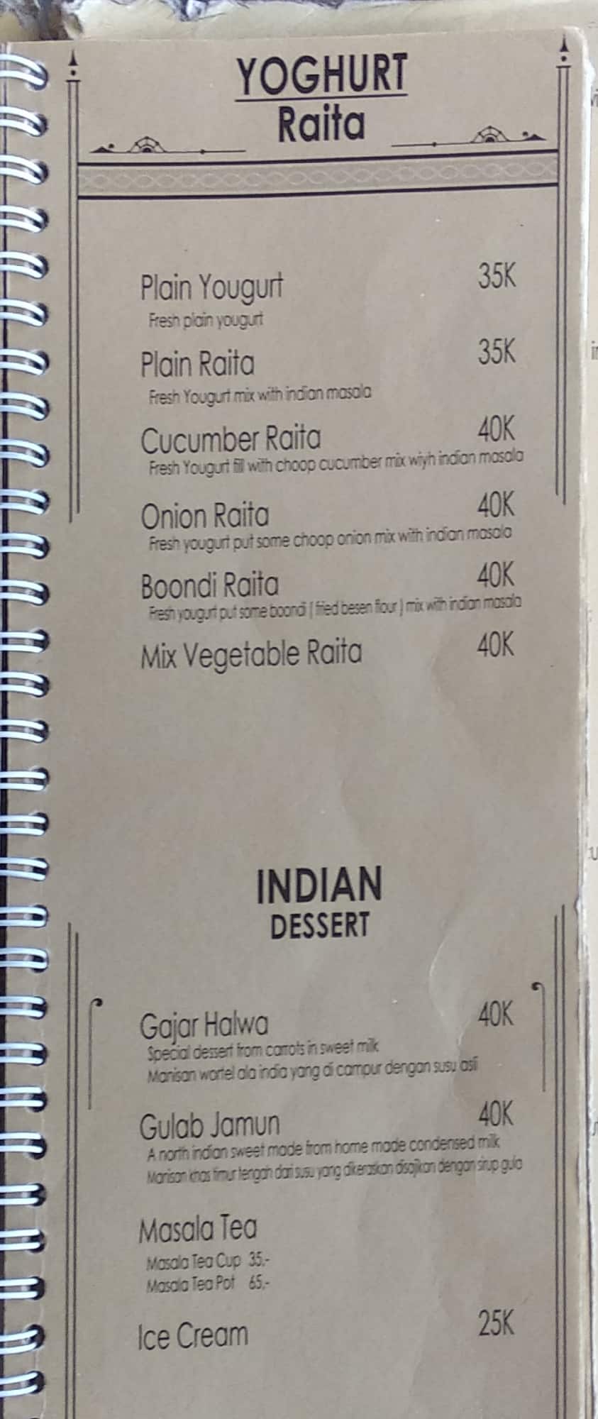 Menu at Sitara, Bedulu