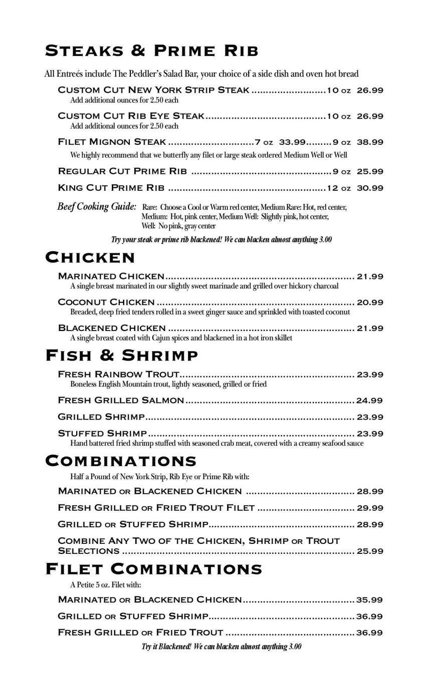 Menu at The Peddler Steakhouse, Gatlinburg