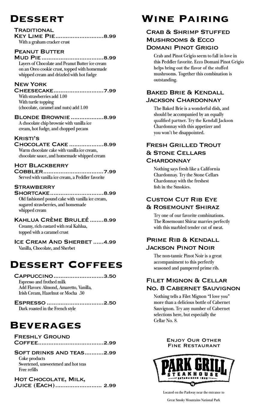 Menu at The Peddler Steakhouse, Gatlinburg