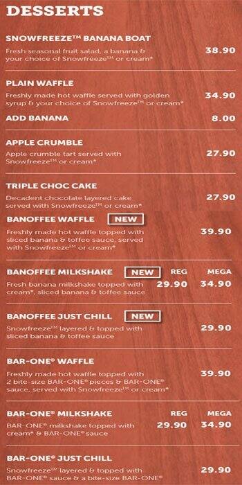 Menu at Wimpy restaurant, Grahamstown