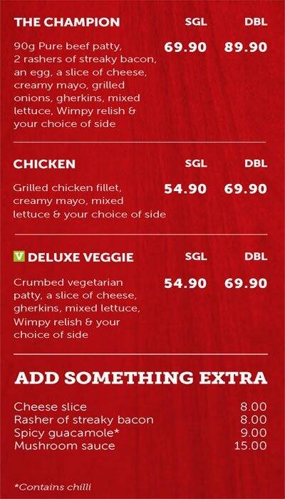 Menu at Wimpy restaurant, Grahamstown
