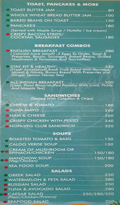 Menu of SinQ Beach, Morjim, Goa