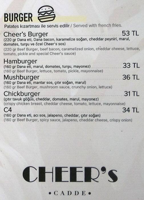 Menu at Cheer's, Istanbul