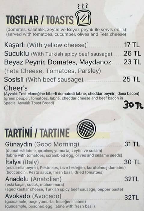 Menu at Cheer's, Istanbul