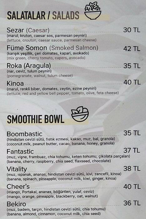 Menu at Cheer's, Istanbul