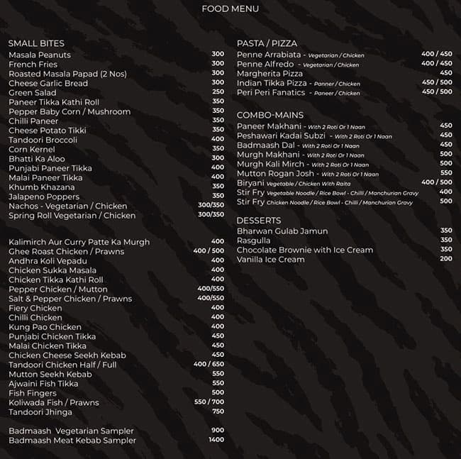 Menu of Badmaash, Koramangala 5th Block, Bangalore