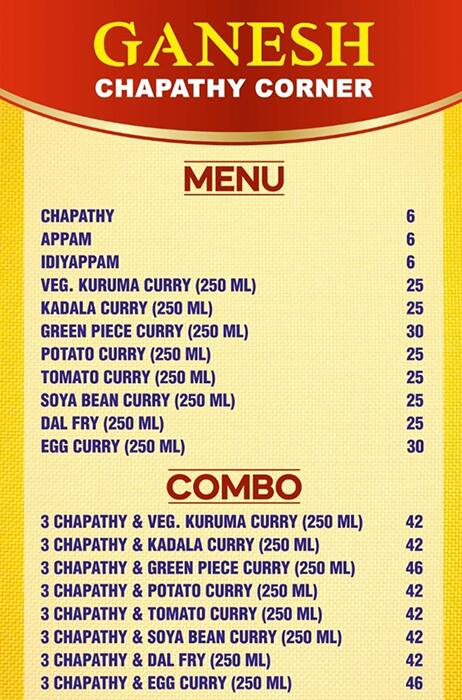 Menu of Ganesh Chapathi Corner, Palayam, Trivandrum