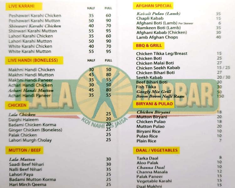 Menu of Lala Darbar, International City, Dubai