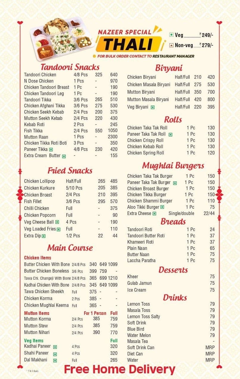 Menu of Nazeer Foods, Raj Nagar Extension, Ghaziabad