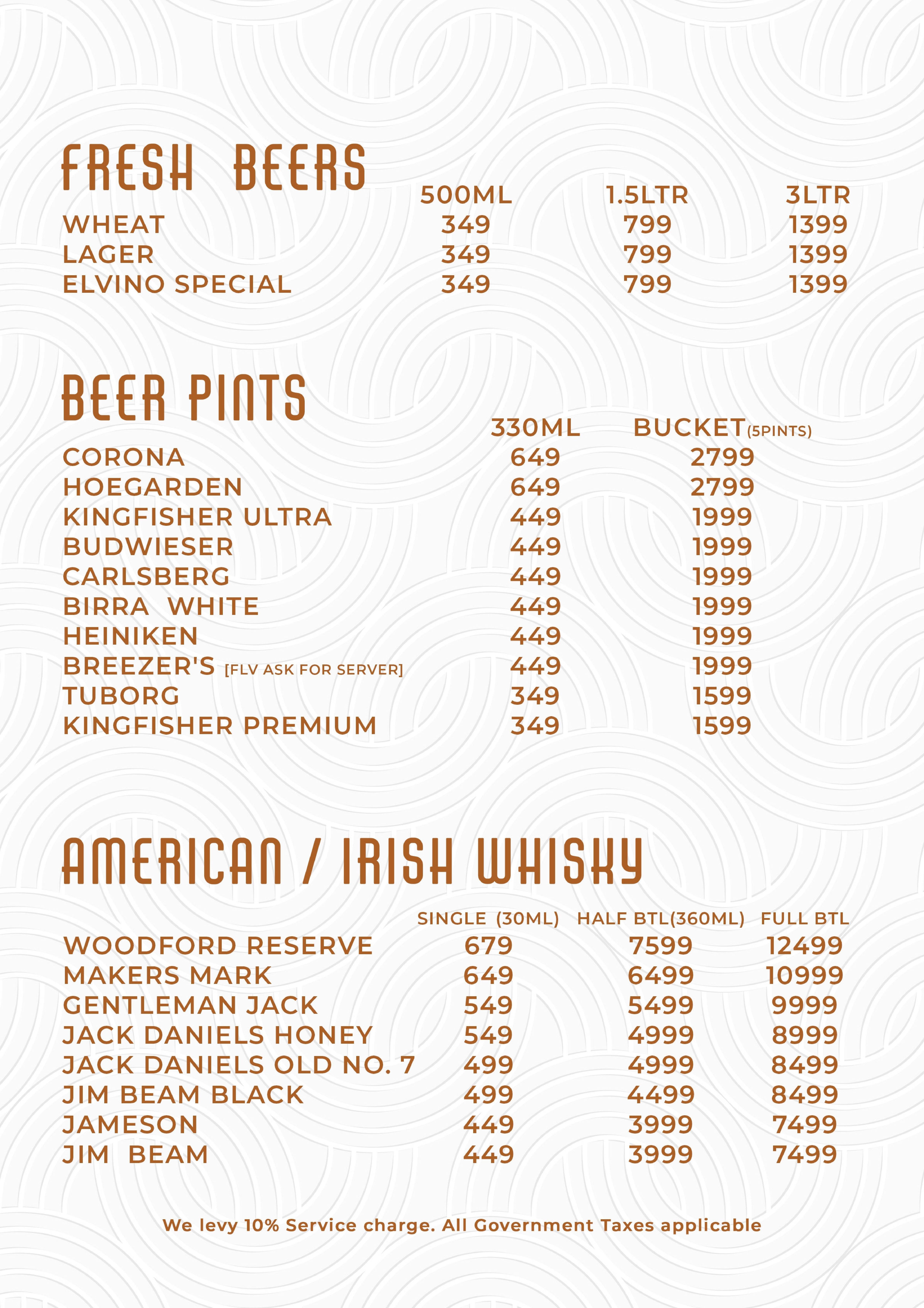 Menu of El Vino Air Bar & Beer Island, Sector 29, Gurgaon