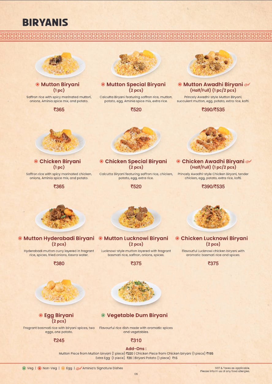 Menu of Aminia, Chinar Park, Kolkata