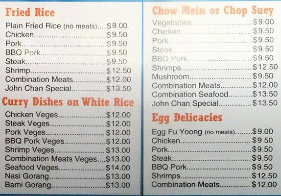 Menu at John Chan Takeaways restaurant, Auckland