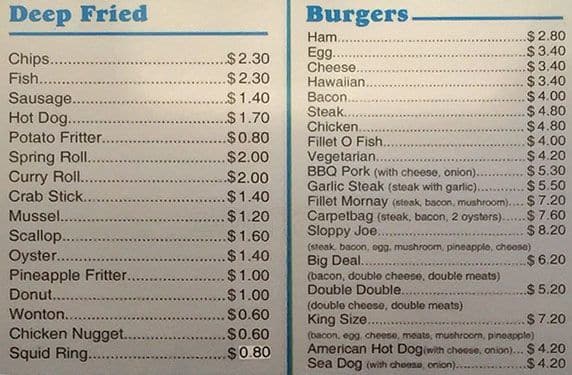 Menu at John Chan Takeaways restaurant, Auckland