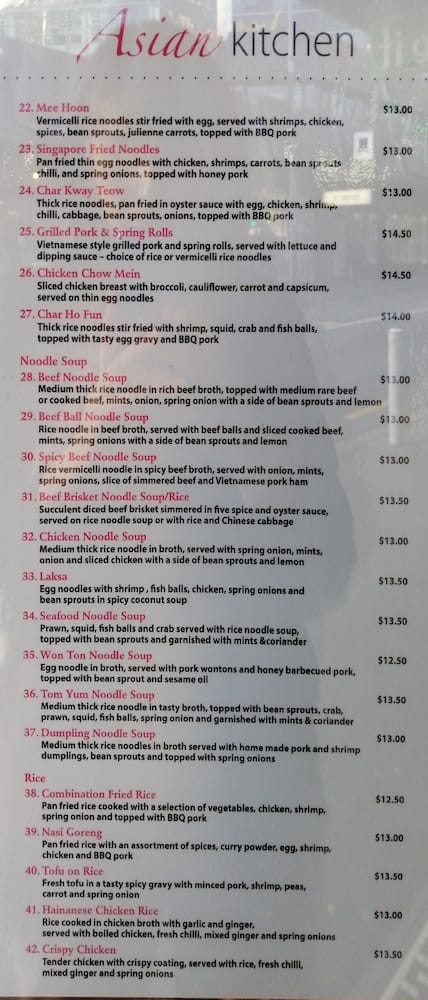 Menu at Asian Kitchen restaurant, Wellington, 101 Victoria St