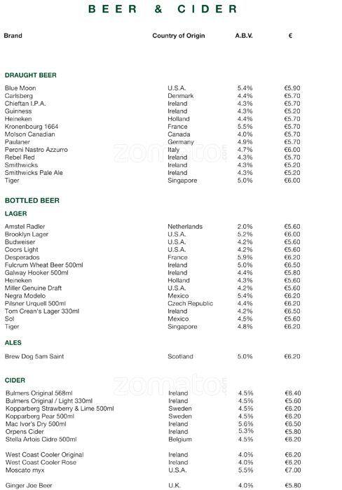 Menu at House Dublin pub & bar, Dublin