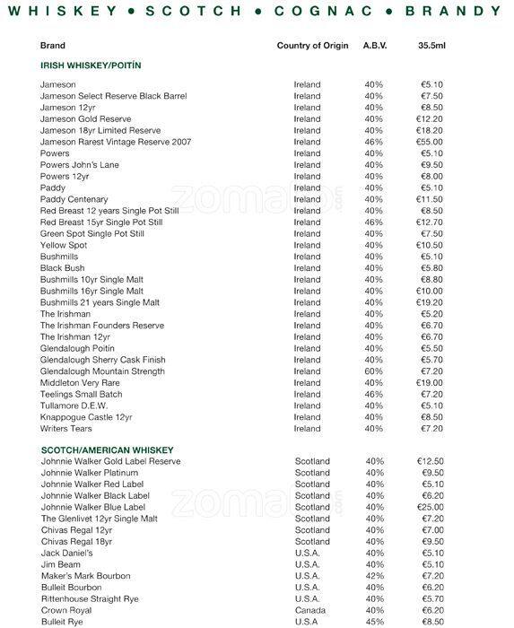 Menu at House Dublin pub & bar, Dublin