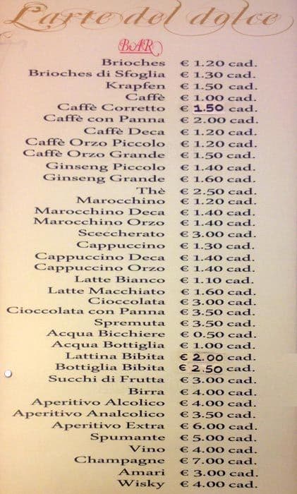 Menu at L'arte del dolce cafe, Milan