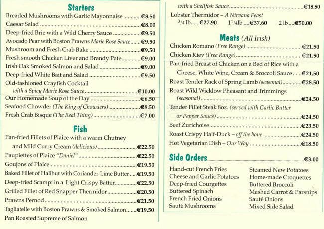 Daniel's Restaurant Menu, Menu for Daniel's Restaurant, Sandycove ...