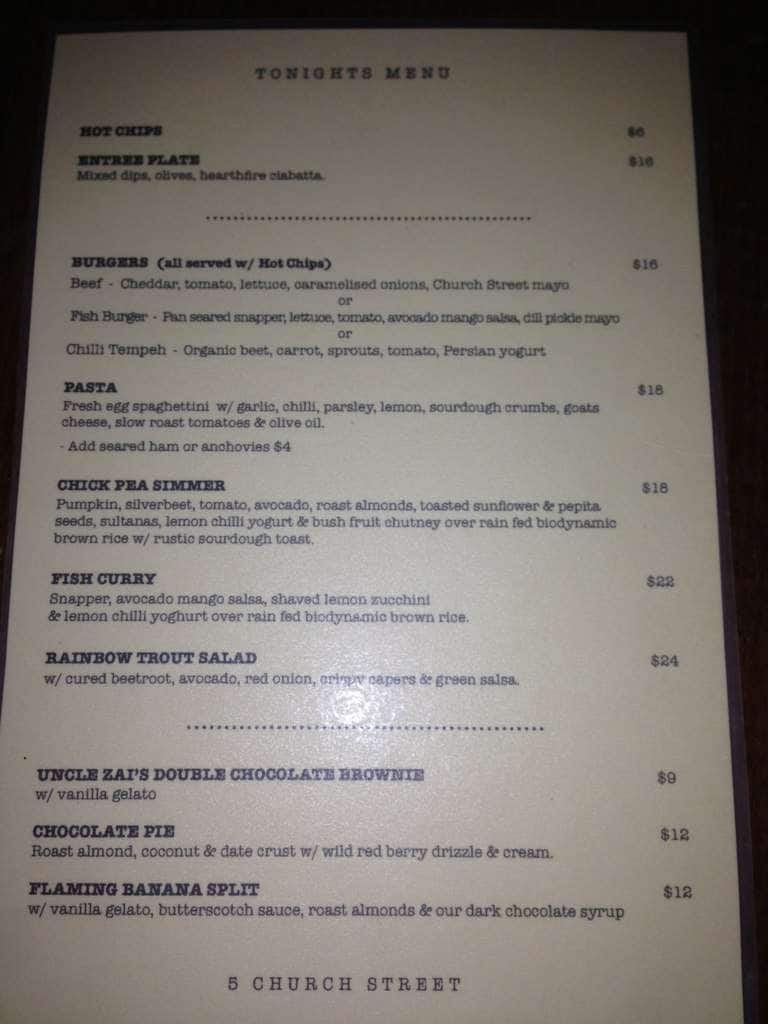 Menu at 5 Church Street restaurant, Bellingen