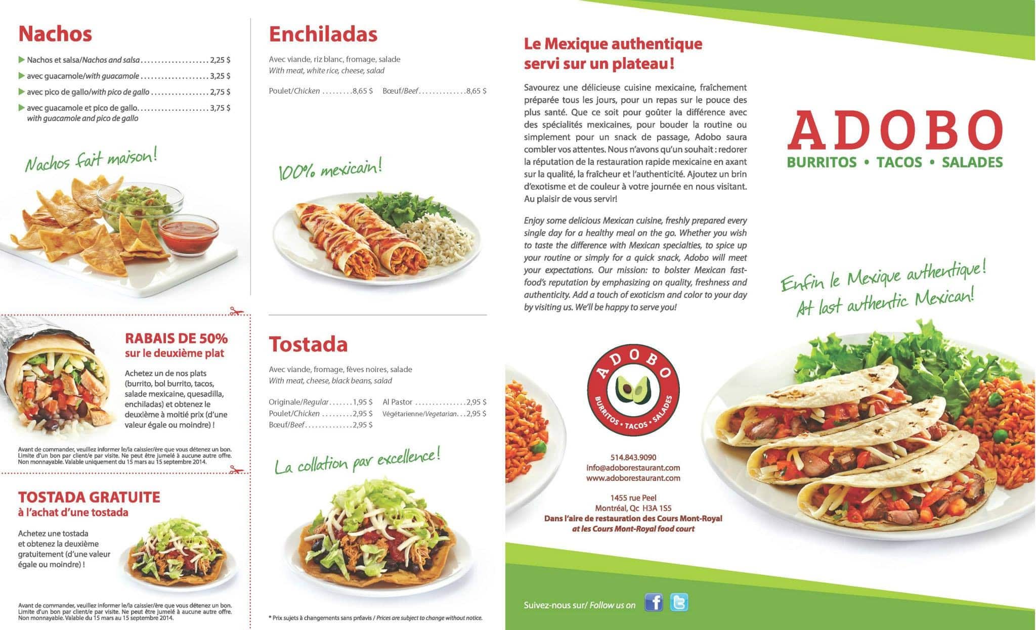 Menu at Adobo restaurant, Montréal