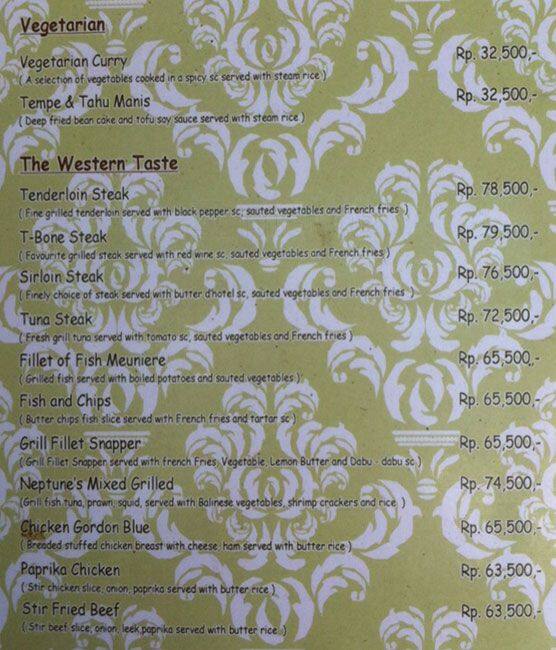 Menu at Bunga Pertiwi restaurant, Kaliasem, Jl. Raya Kalibukbuk