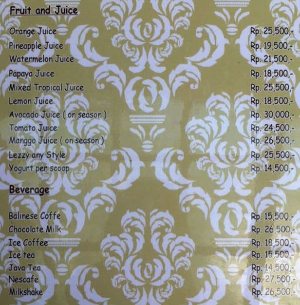Menu at Bunga Pertiwi restaurant, Kaliasem, Jl. Raya Kalibukbuk