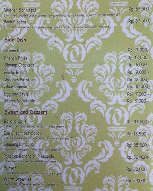 Menu at Bunga Pertiwi restaurant, Kaliasem, Jl. Raya Kalibukbuk