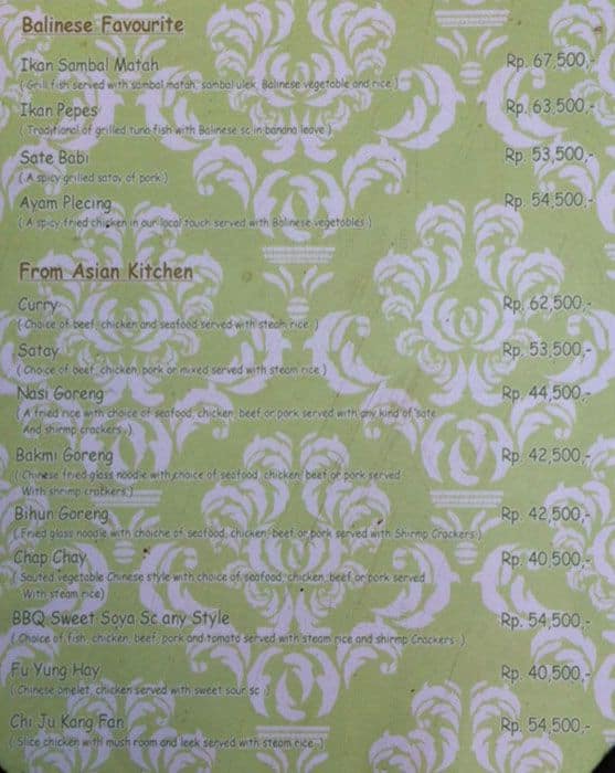 Menu at Bunga Pertiwi restaurant, Kaliasem, Jl. Raya Kalibukbuk