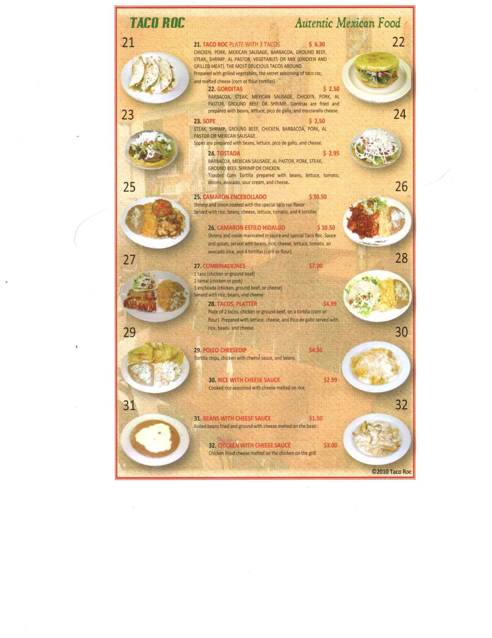 Menu at Taco Roc restaurant, Chattanooga, 6960 Lee Hwy