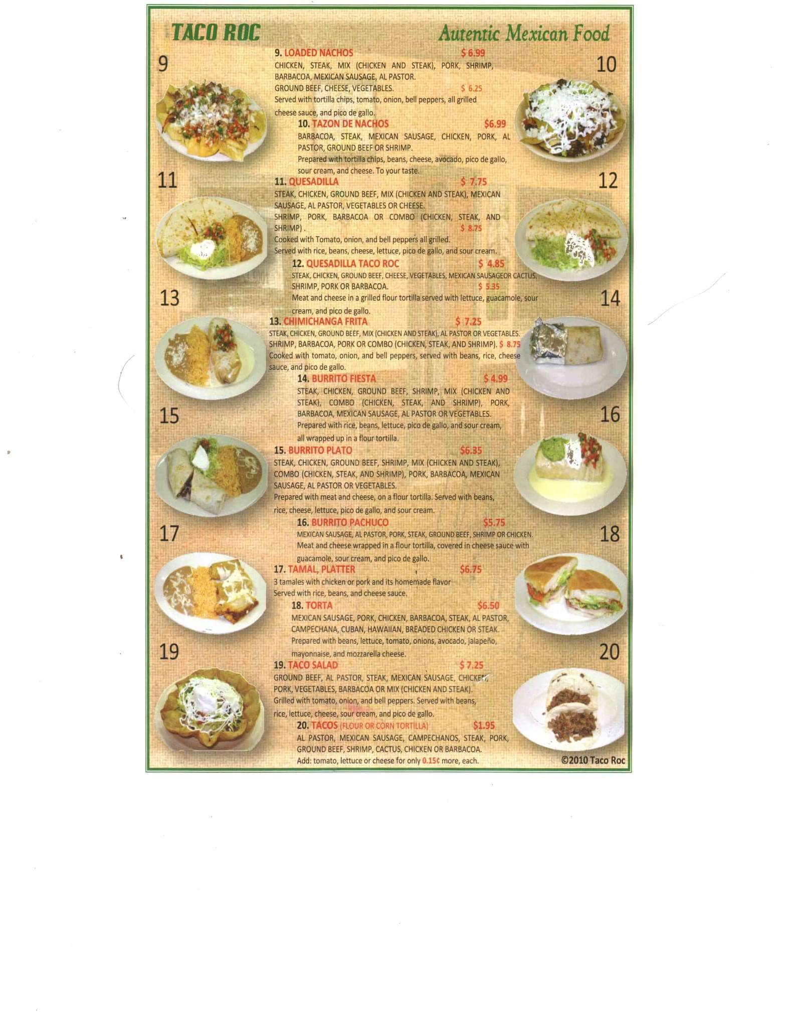 Menu at Taco Roc restaurant, Chattanooga, 6960 Lee Hwy