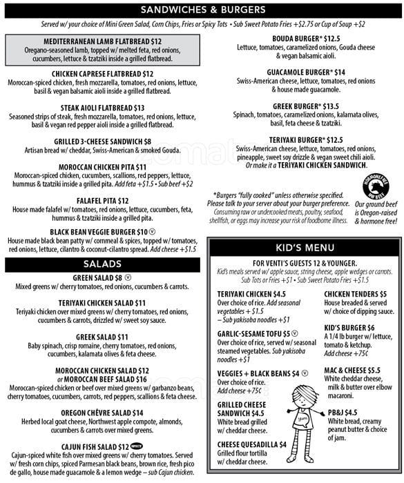 Menu at Venti's Cafe, Salem