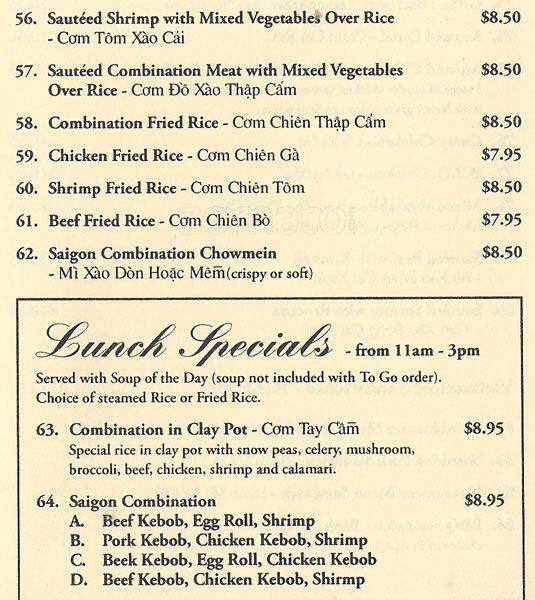 Menu at Saigon 2 Restaurant, San Leandro