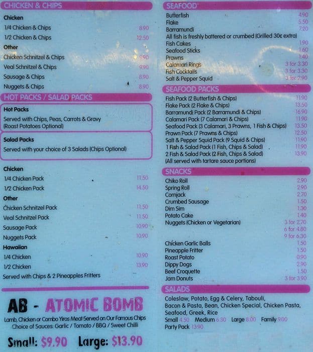 Menu at Fat Chicken fast food, Burleigh Heads