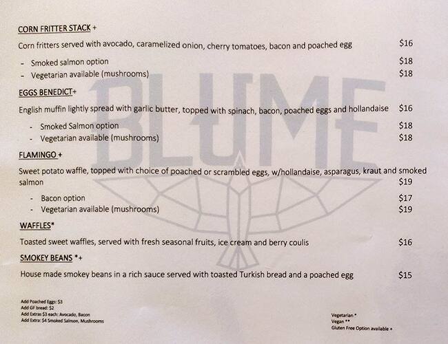 Menu at Blume cafe, Brighton