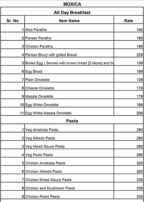 Menu of Moxica, Kharghar, Navi Mumbai