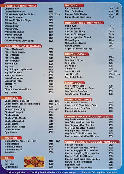 Menu of Hotel Sagar, Mulund West, Mumbai
