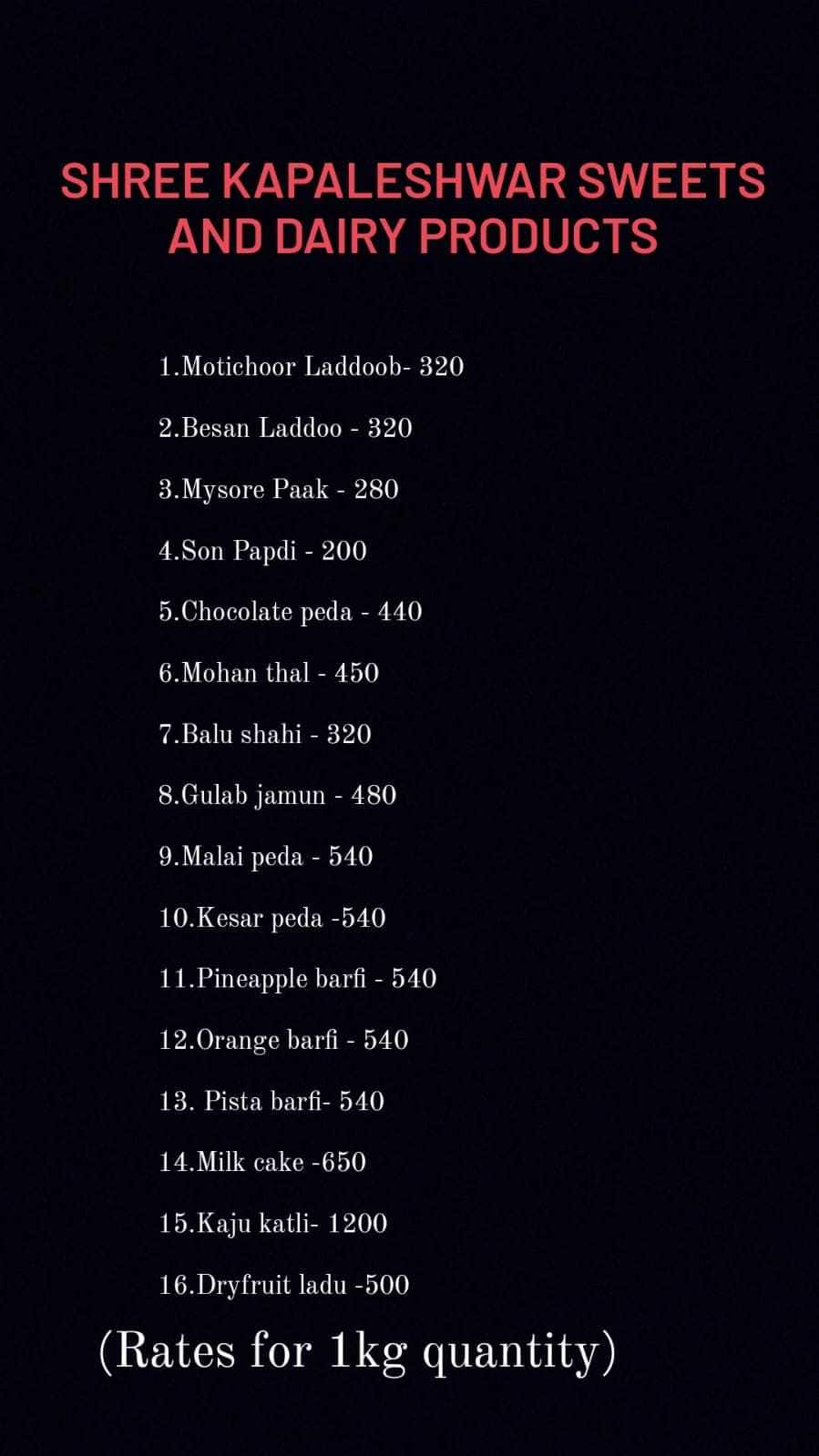 Menu of Shree Kapaleshwar Sweets, Amrutdham, Nashik