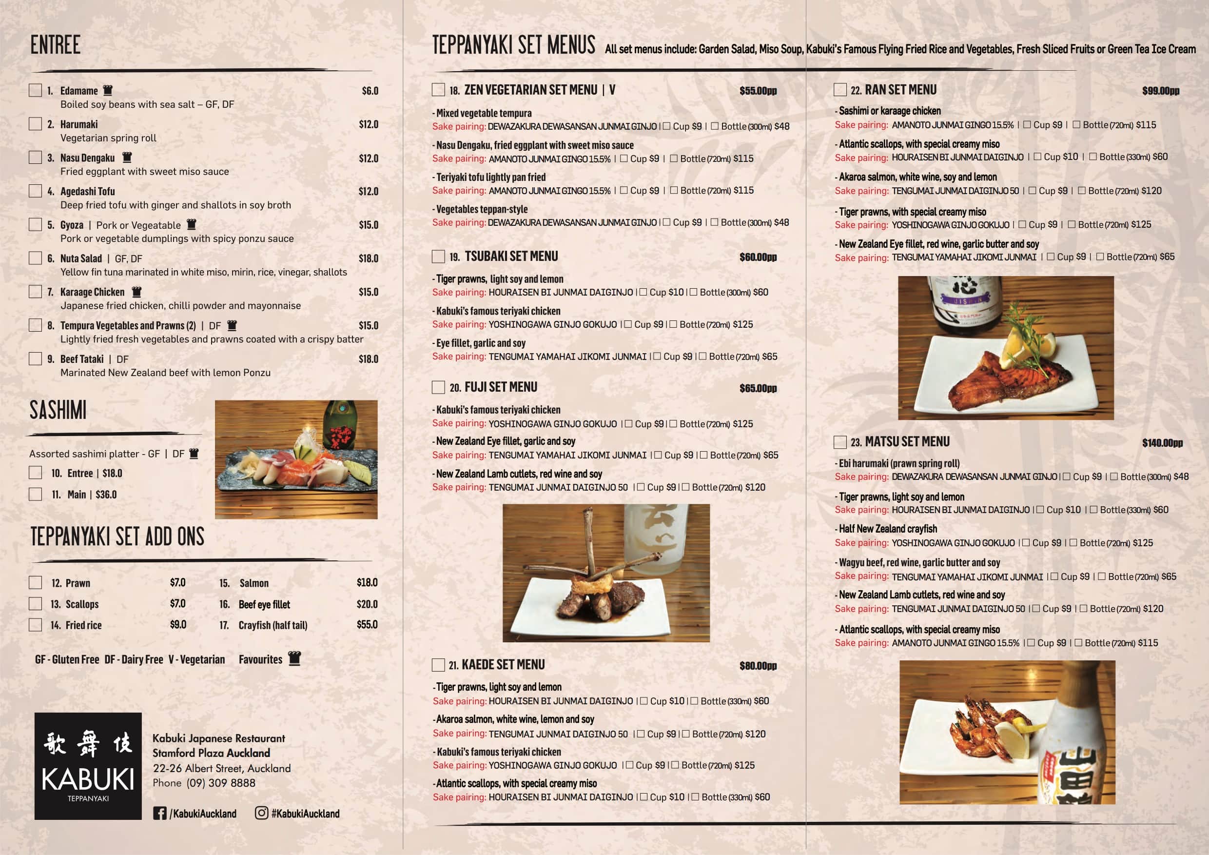 Menu at Kabuki Teppanyaki Restaurant, Auckland